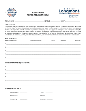 Fillable Online ADULT SPORTS ROSTER ADD/DROP FORM Fax Email Print ...