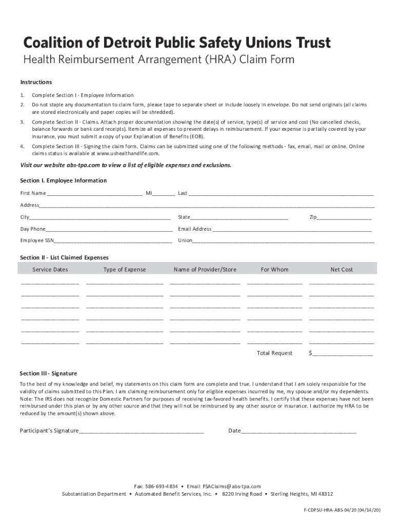 Fillable Online Health Reimbursement (HRA) Claim Form - 2019 Fax Email ...