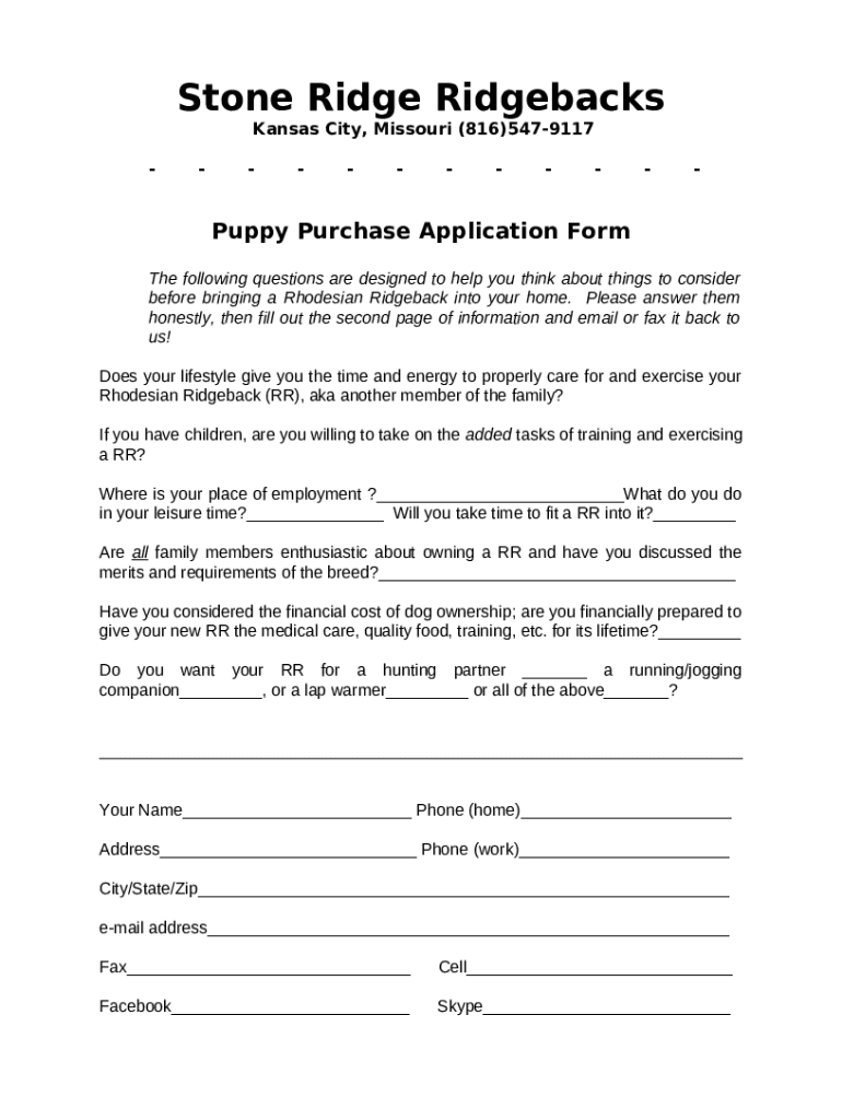 Puppy/Dog Purchase Application Doc Template | pdfFiller