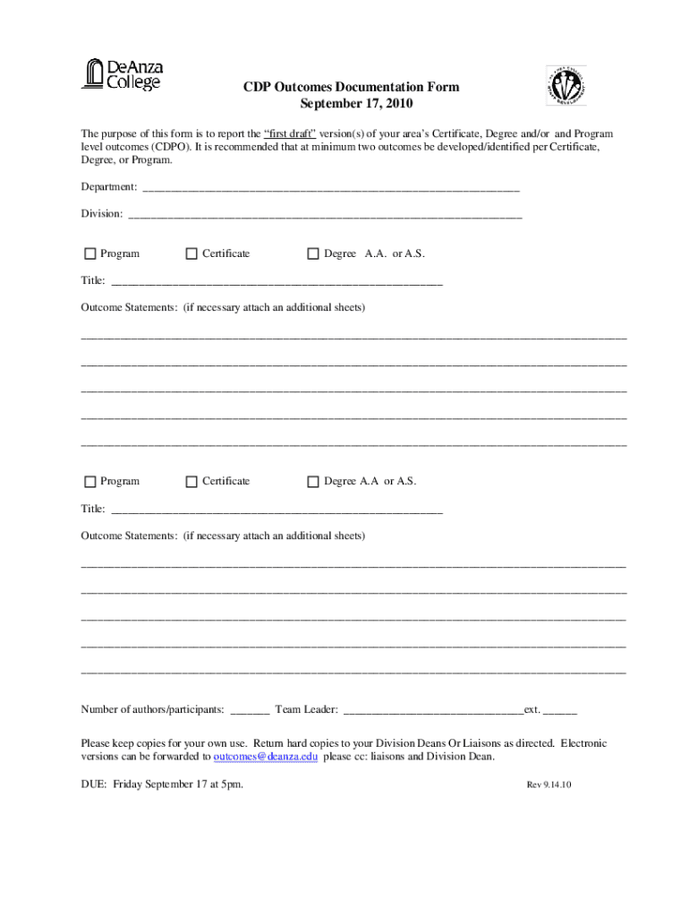 Fillable Online Get the free De Anza College CDP Outcomes Documentation ...