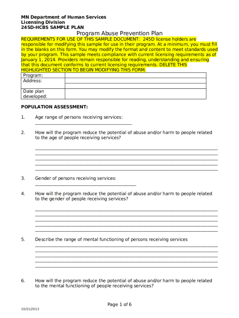 PROGRAM ABUSE PREVENTION PLAN - dhs.state.mn.us Doc Template | pdfFiller
