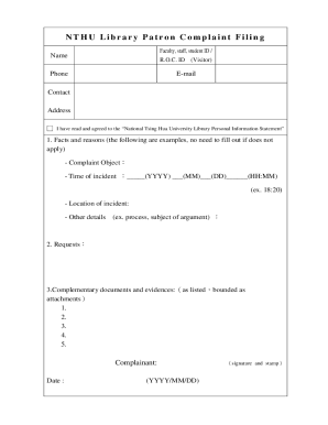 Fillable Online NTHU Library Patron Complaint Filing Fax Email Print ...