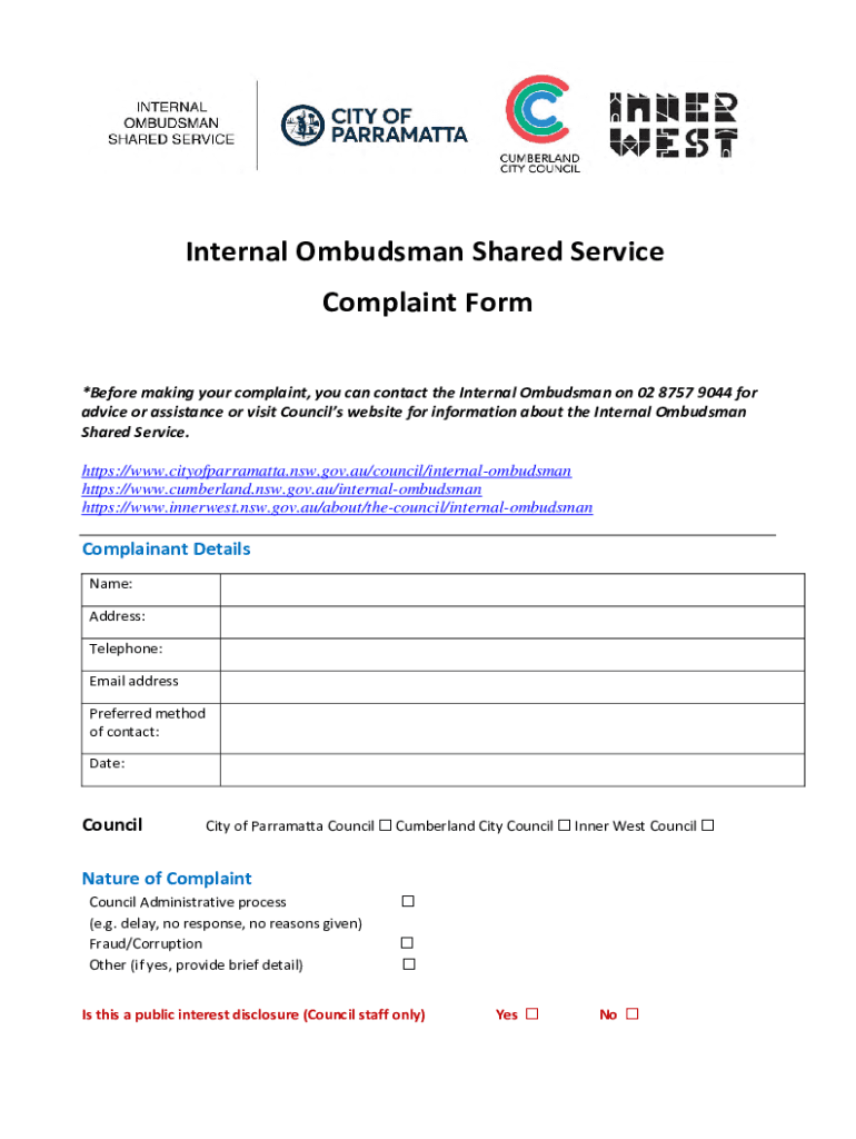 Fillable Online Internal Ombudsman Shared Service - Complaint Form Fax ...