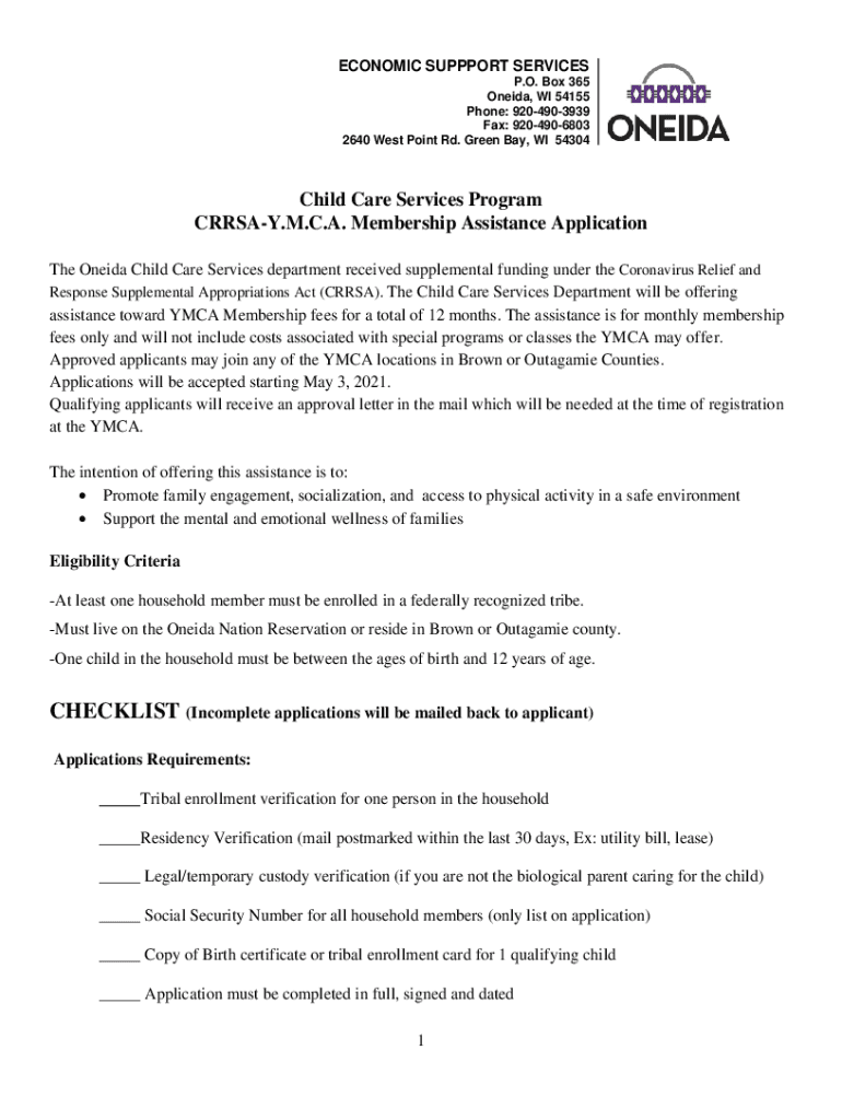 Fillable Online Child Care Services Program CRRSA-Y.M.C.A. Membership ... Fax Email Print ...