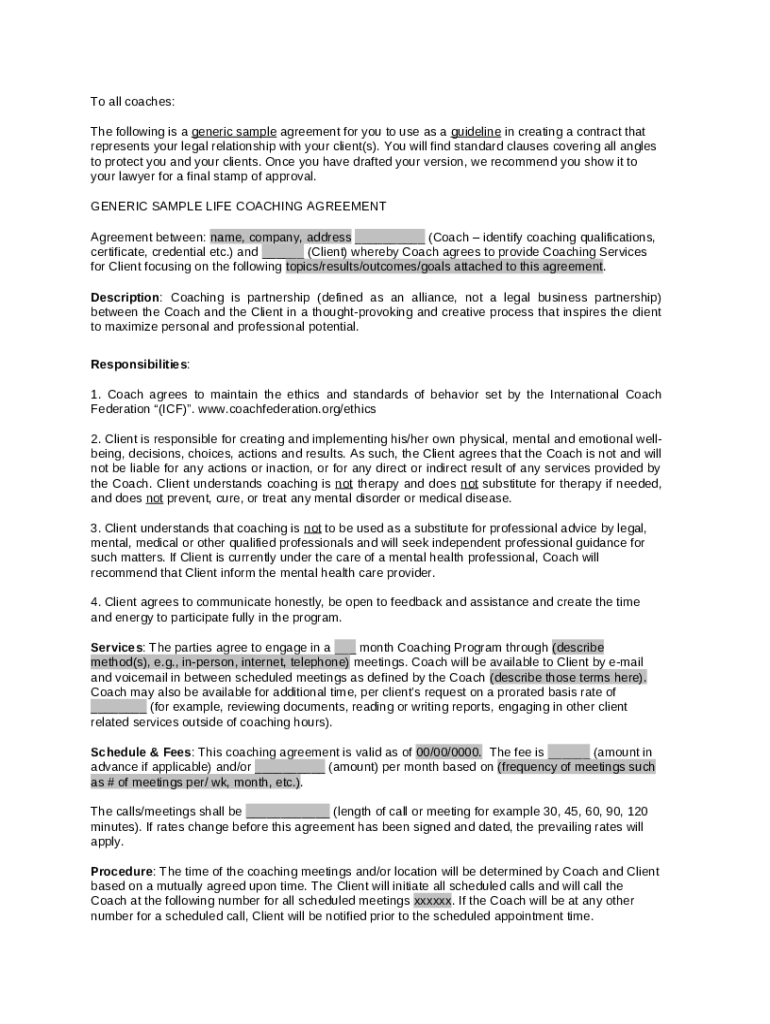 Generic Sample Life Coaching Agreement - Blank Fillable Template | Fill ...