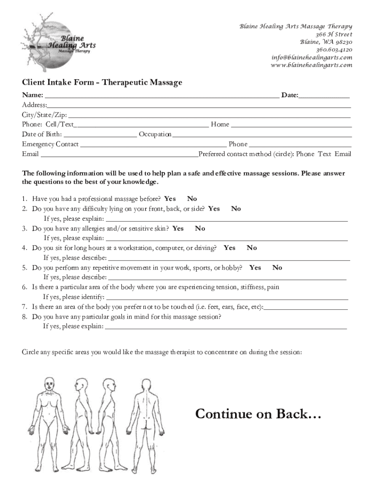 Fillable Online Client Intake Form - Therapeutic Massage - Blaine ...