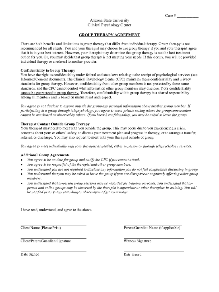Fillable Online GROUP THERAPY AGREEMENT - psychology.asu.edu Fax Email ...