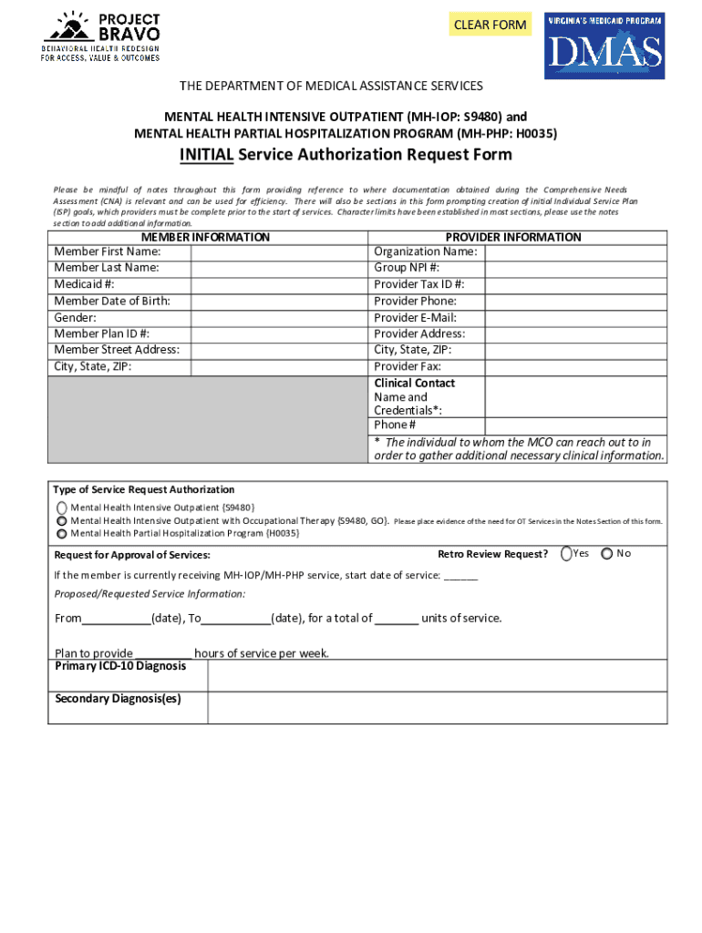 Fillable Online INITIAL Service Authorization Request Form Fax Email ...