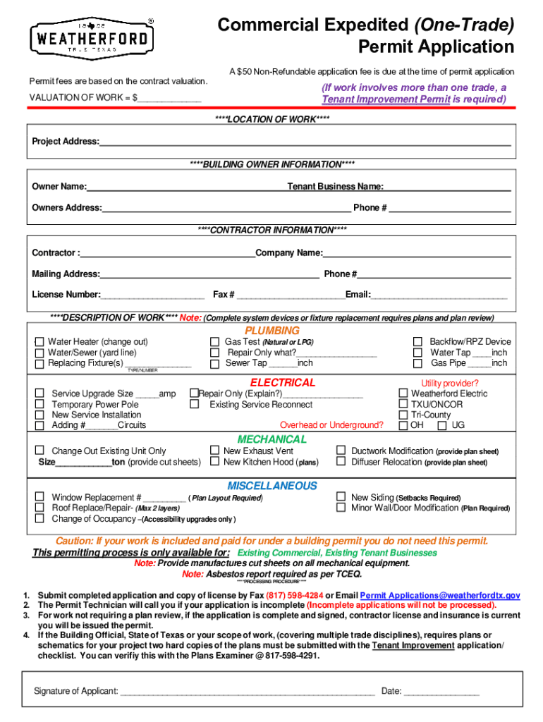 Fillable Online Commercial Expedited (One-Trade) Permit Application All ...