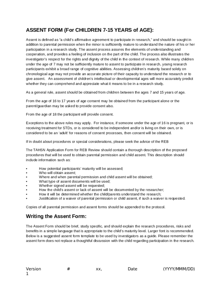 ASSENT (For CHILDREN 7-15 YEARS of AGE): Doc Template | pdfFiller