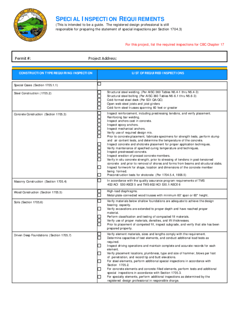 Fillable Online SPECIAL INSPECTION REQUIREMENTS - Official Website Fax ...