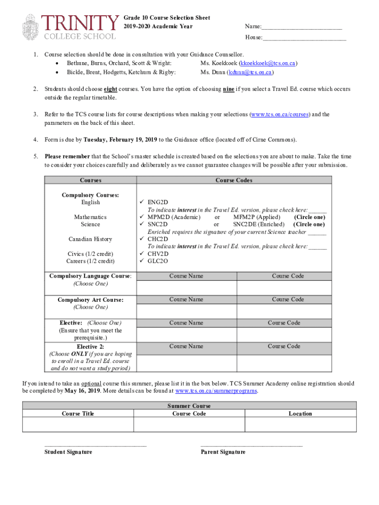 Fillable Online Grade 11 Name: Course Selection Sheet 2019-2020 ...