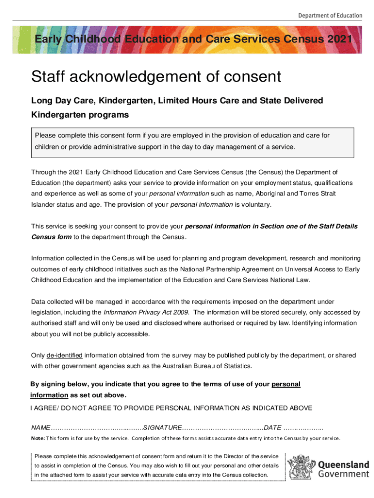 Fillable Online Staff acknowledgement of consent form for long day care ...