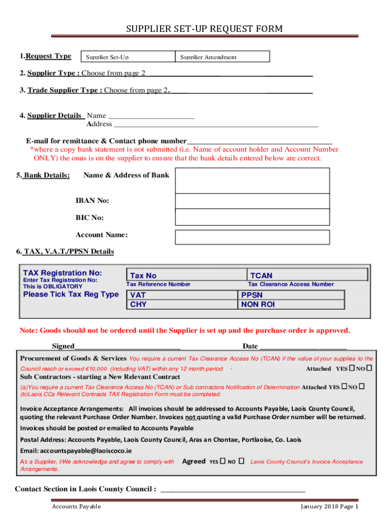 Fillable Online SUPPLIER SET-UP REQUEST FORM - laois.ie Fax Email Print - pdfFiller