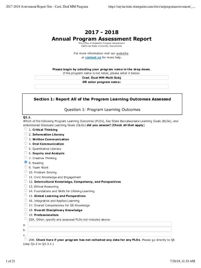 Fillable Online 2017-2018 Assessment Report Site - Cred. Dual MM ...
