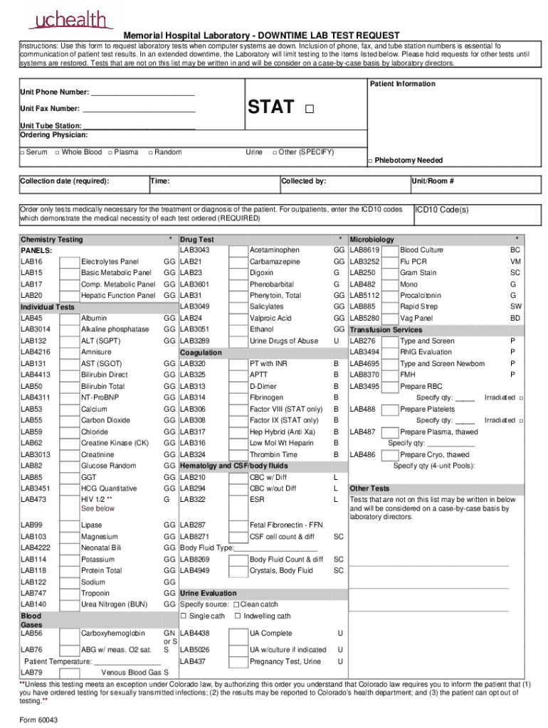 Fillable Online Memorial Hospital Laboratory - DOWNTIME LAB TEST ...
