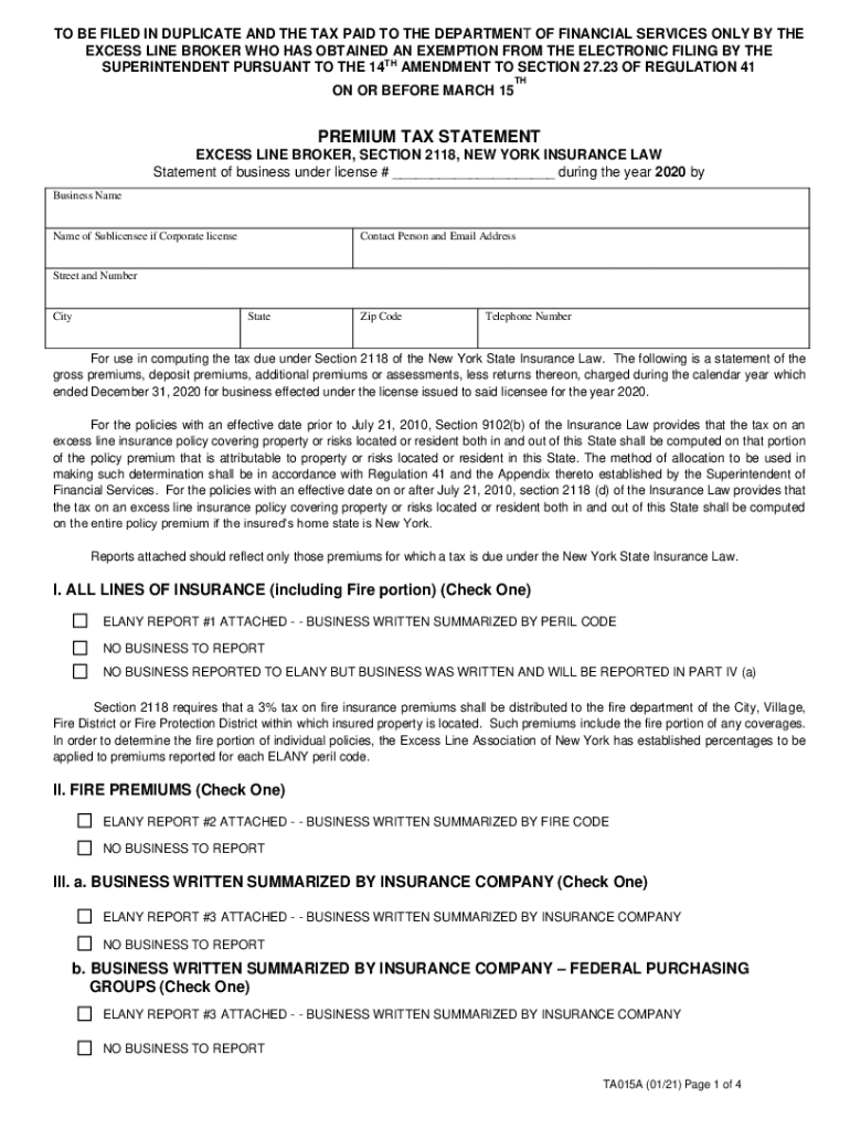 Fillable Online Excess Lines Tax Form 2018 - Department of Financial ...
