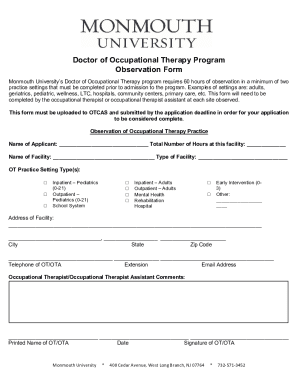 Fillable Online Doctor of Occupational Therapy Program: Observation ...