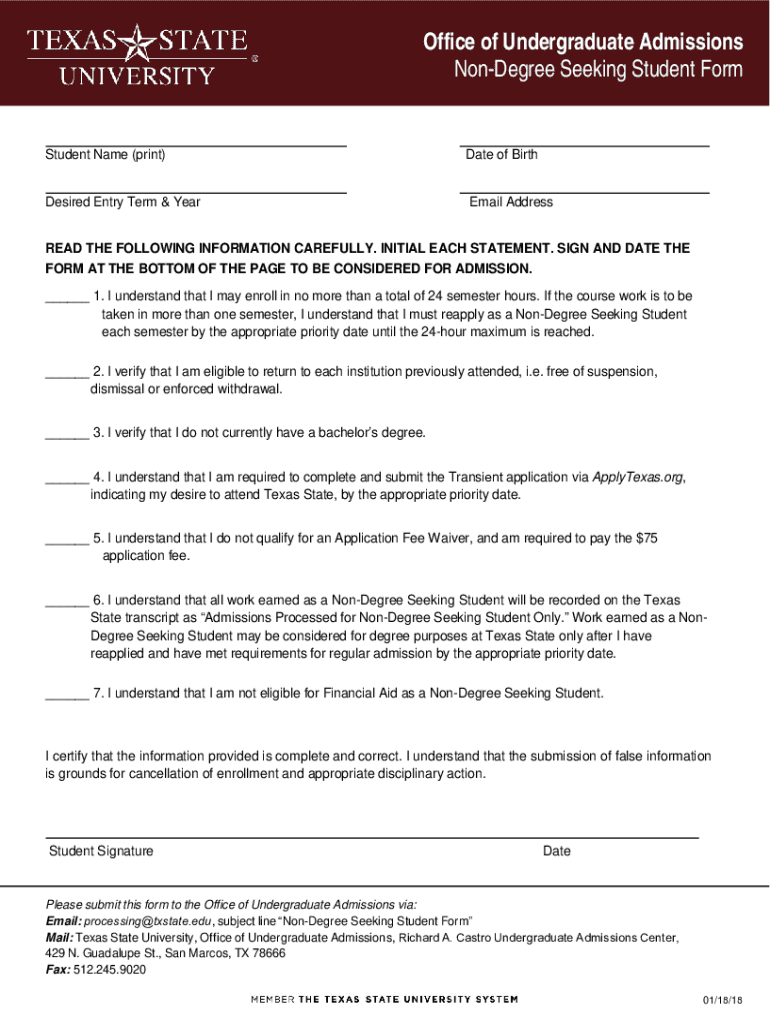Fillable Online gato-docs its txstate Non-Degree Seeking Student Form ...