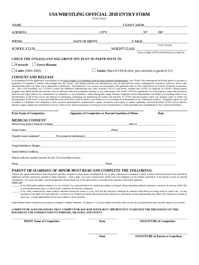 USA WRESTLING OFFICIAL 2018 ENTRY Doc Template | pdfFiller