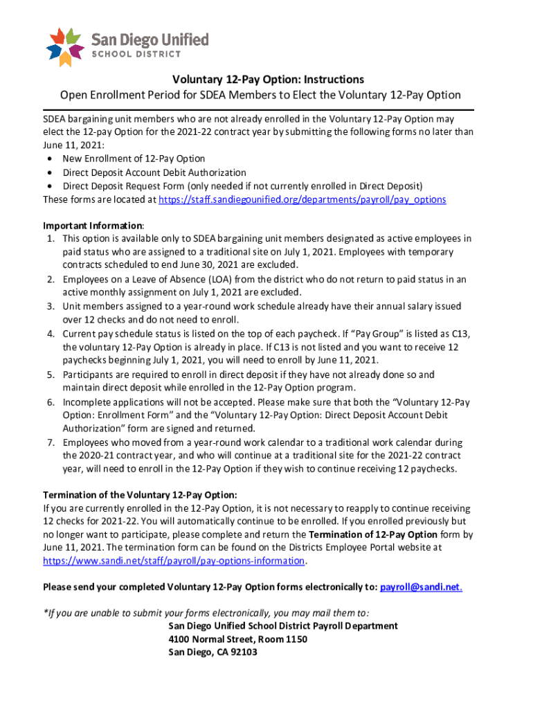 Fillable Online Voluntary 12-Pay Option: Instructions Open Enrollment ...