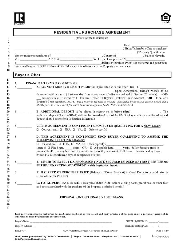 Fillable Online RESIDENTIAL PURCHASE AGREEMENT (Joint Escrow ...