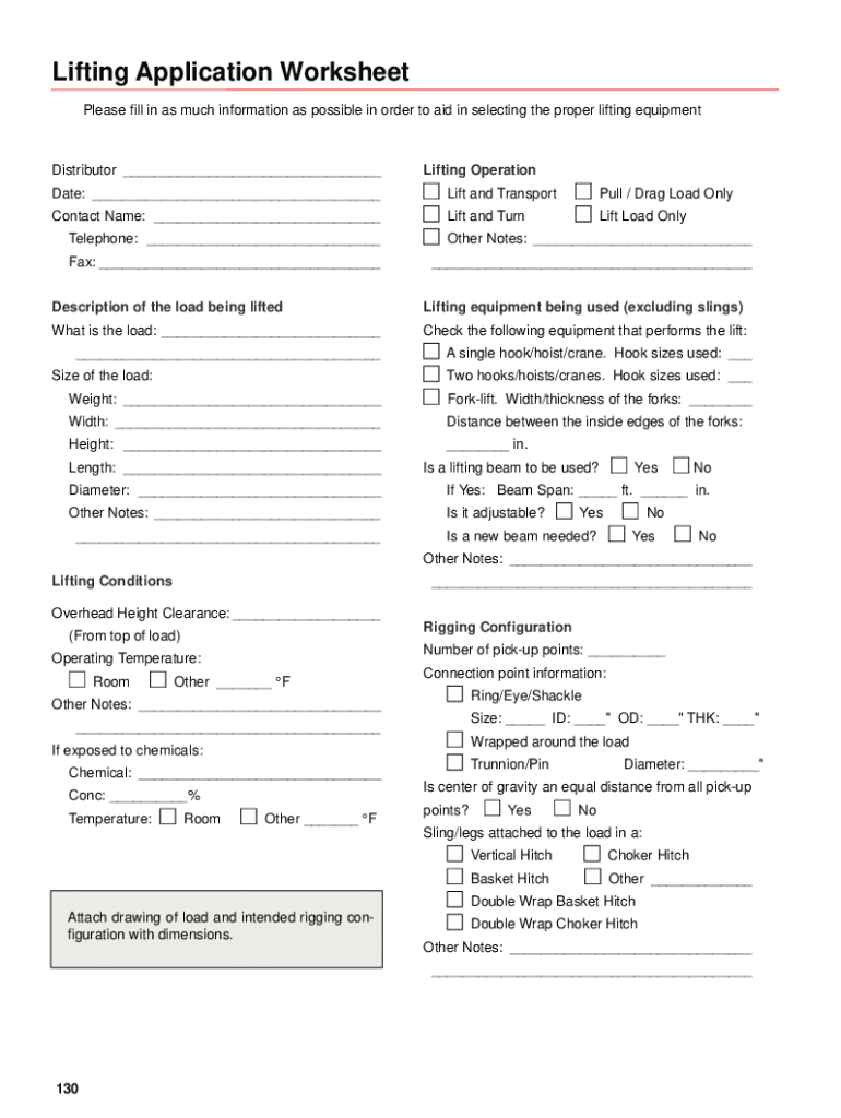 Fillable Online Lift-All Application Worksheet - Lifting Slings, Sling ...