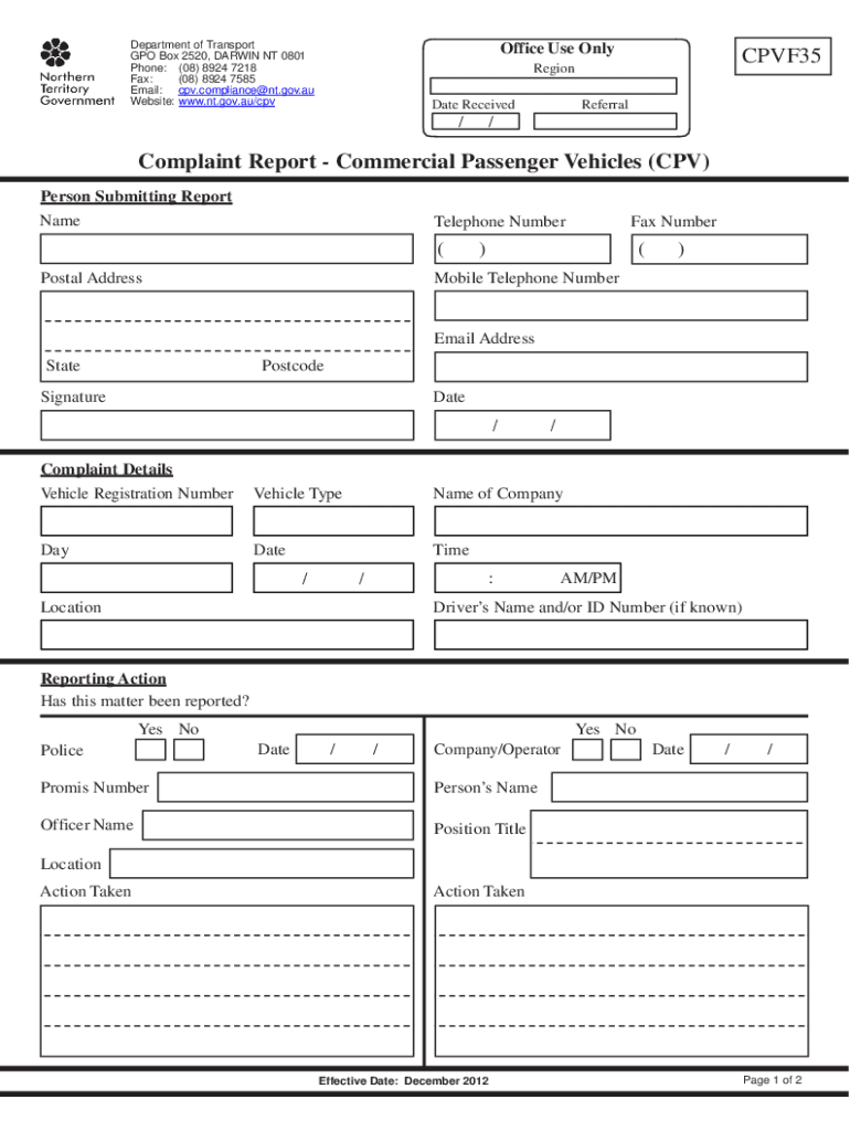 Fillable Online nt gov Complaint report - commercial passenger vehicles ...