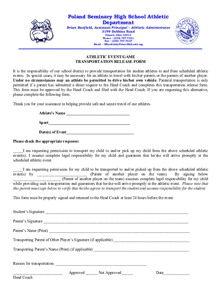 Fillable Online Athletic Event/Game Transportation Release Form ...