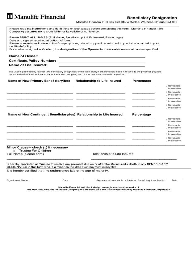 Fillable Online Fillable Online Change of Beneficiary - Manulife ...