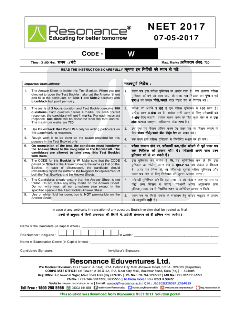 Fillable Online Resonance Kota: Coaching Institute for IIT-JEE(Main ...