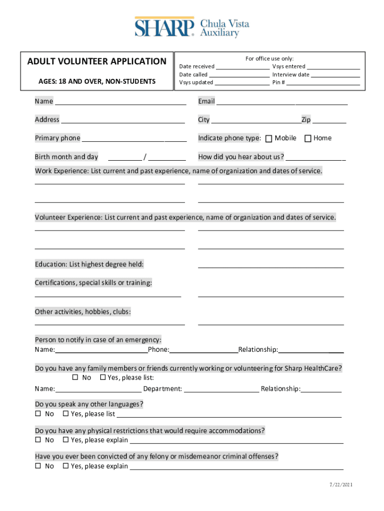 Fillable Online ADULT VOLUNTEER APPLICATION PACKET AND INSTRUCTIONS Fax ...