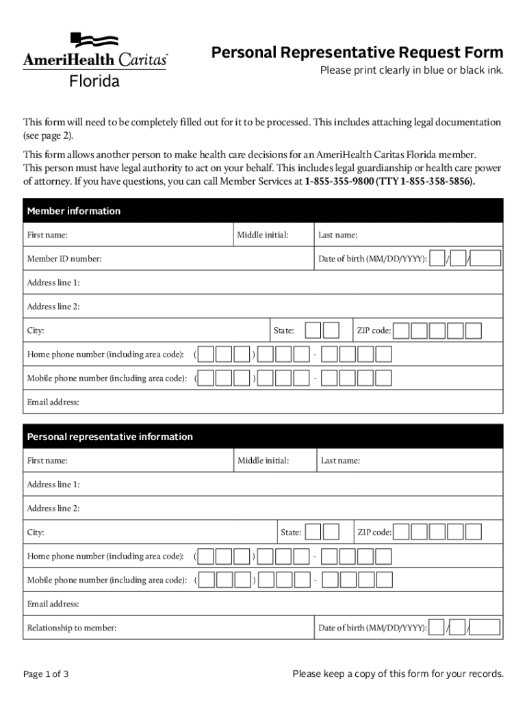 Fillable Online AmeriHealth Caritas Florida -Member - Personal Representative Request Form ...