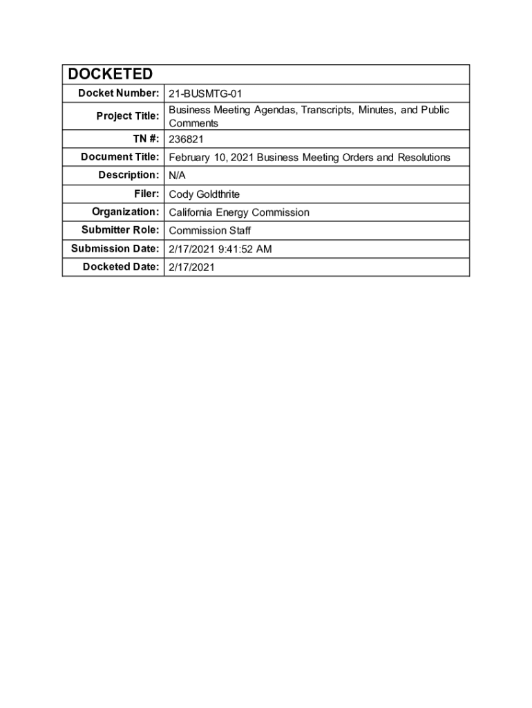 Fillable Online Docket Number: 21-BUSMTG-01 Fax Email Print - pdfFiller