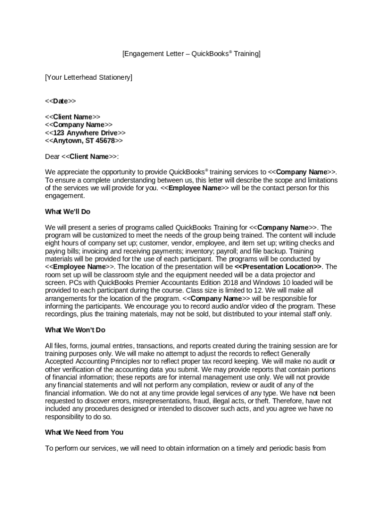 Sample Engagement Letter - Training Services Doc Template | pdfFiller