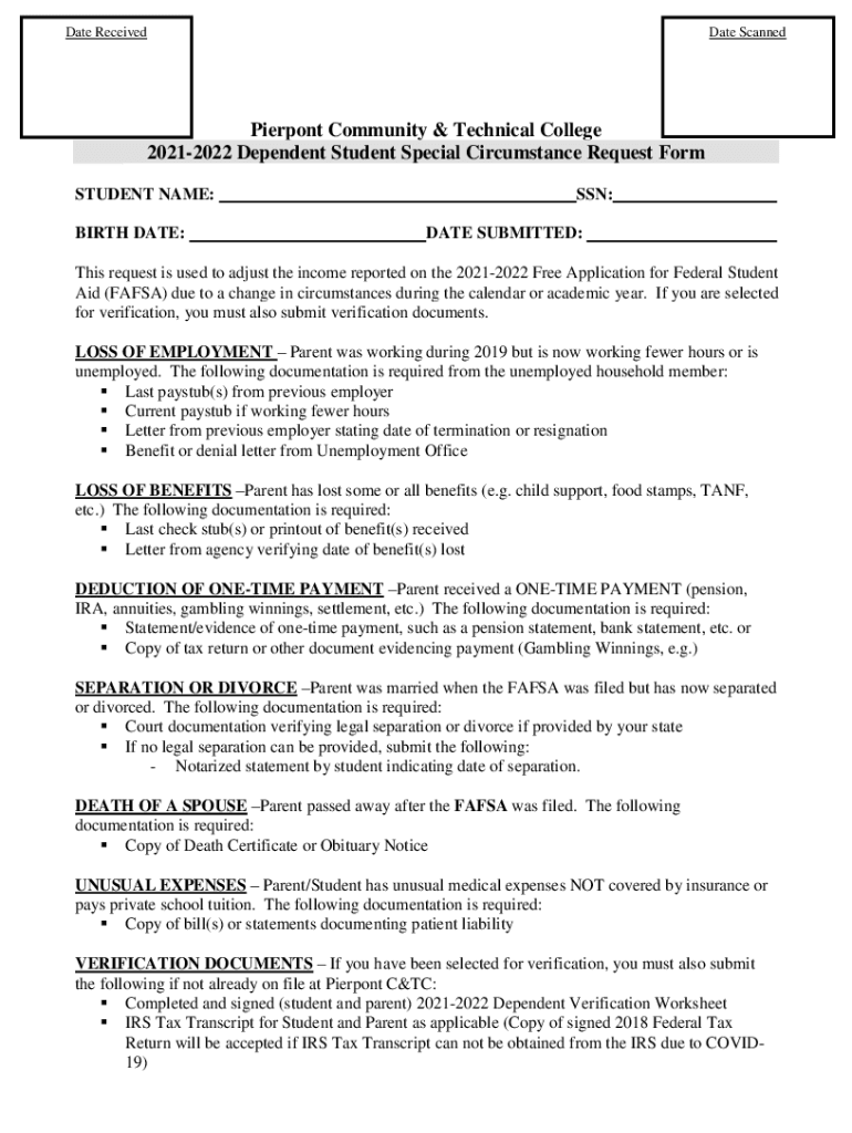 Fillable Online 2021-2022 Dependent Student Special Circumstance ...