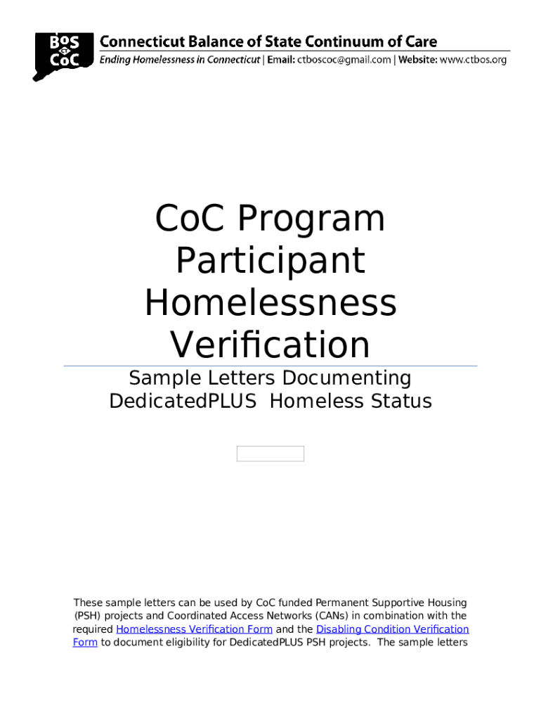 CoC Program Participant Homelessness Verification. Sample Letters ...