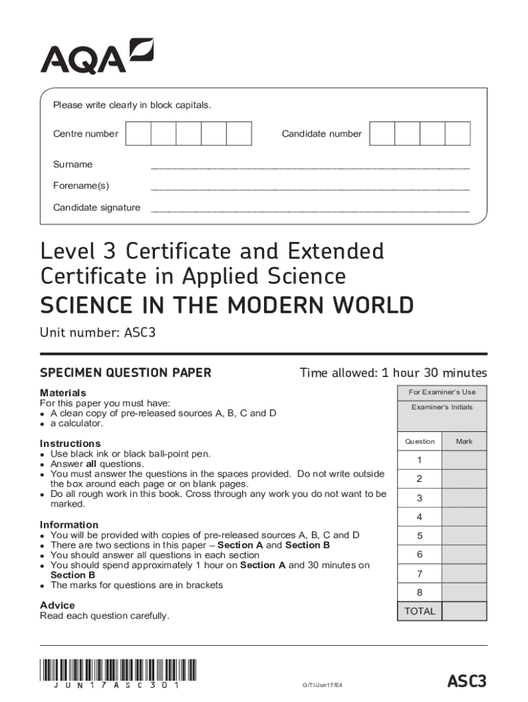 Fillable Online Level 3 Applied Science Specimen question paper Unit 3 ...