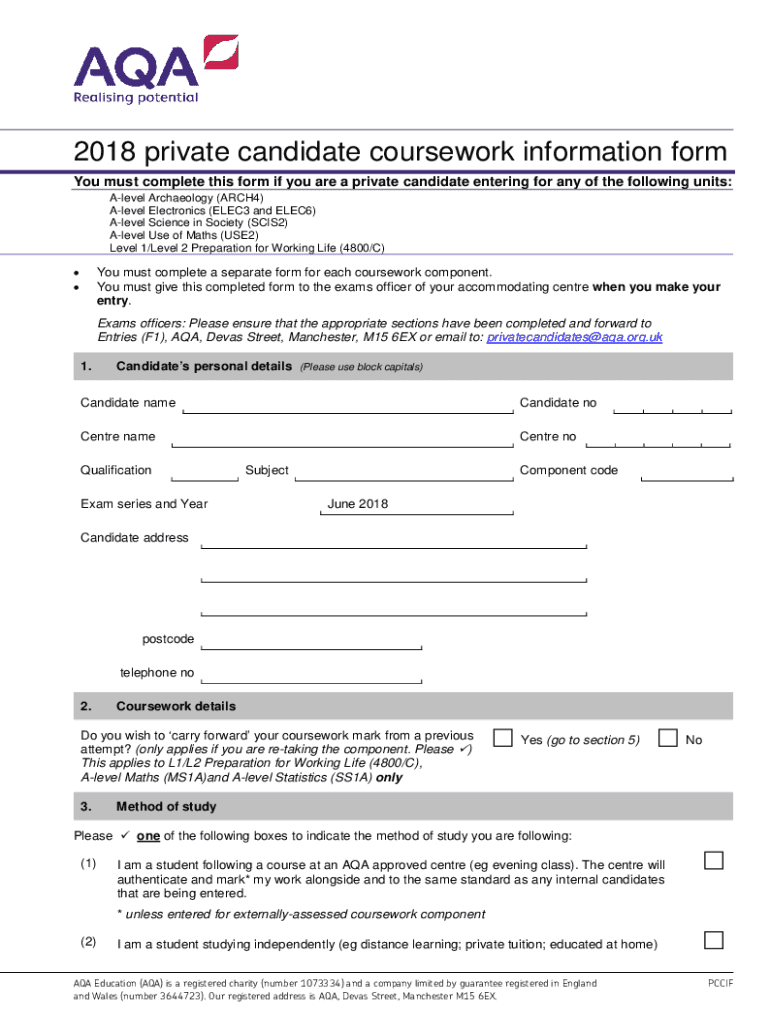 Fillable Online Private candidate coursework information form Candidate record form Private ...