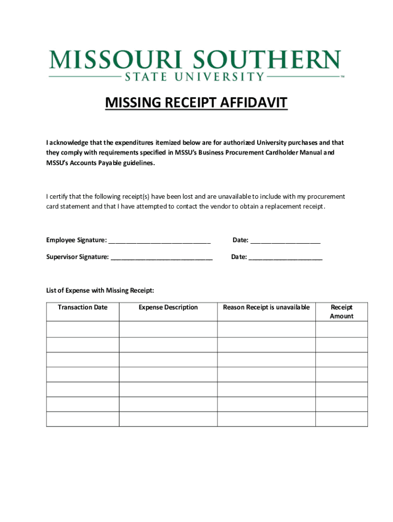 Fillable Online Missing Receipt Affidavit - Missouri Southern State ...