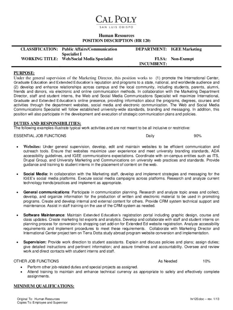 Fillable Online afd calpoly CLASSIFICATION: Public Affairs/Communication Fax Email Print - pdfFiller