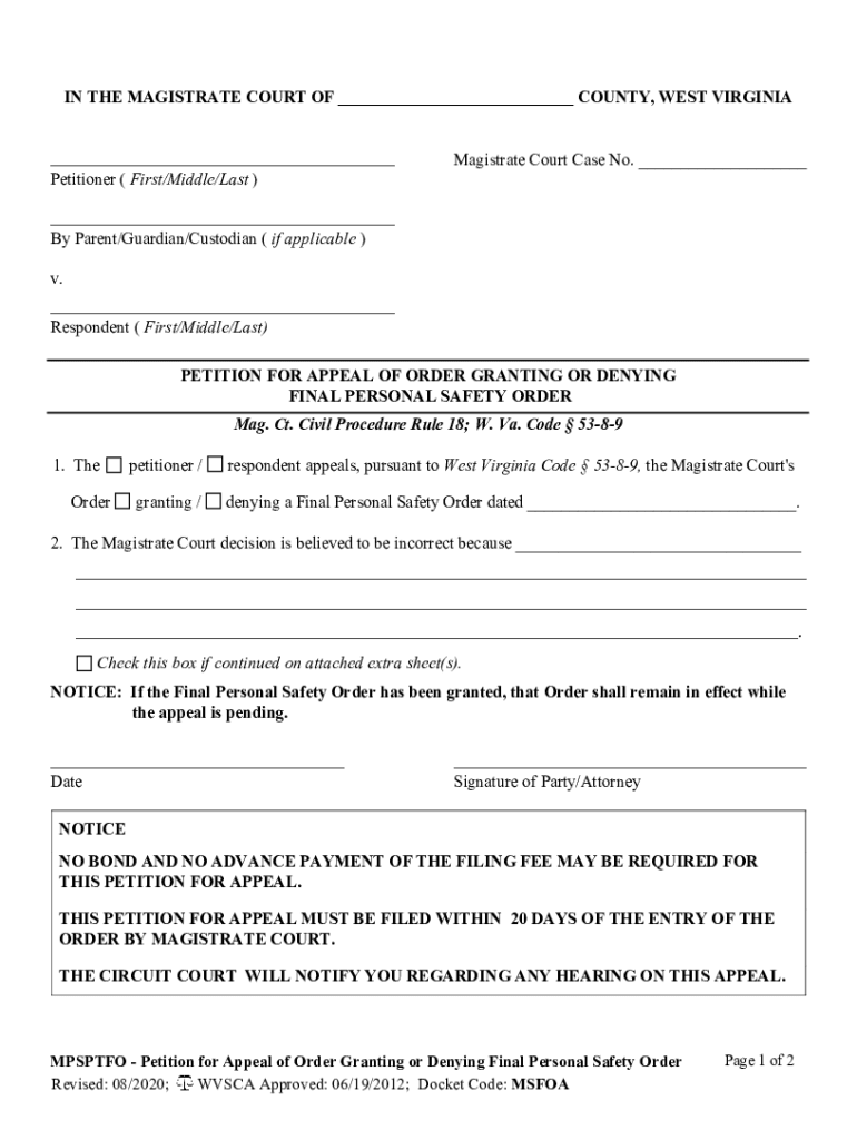 Fillable Online IN THE MAGISTRATE COURT OF COUNTY, WEST VIRGINIA Fax ...