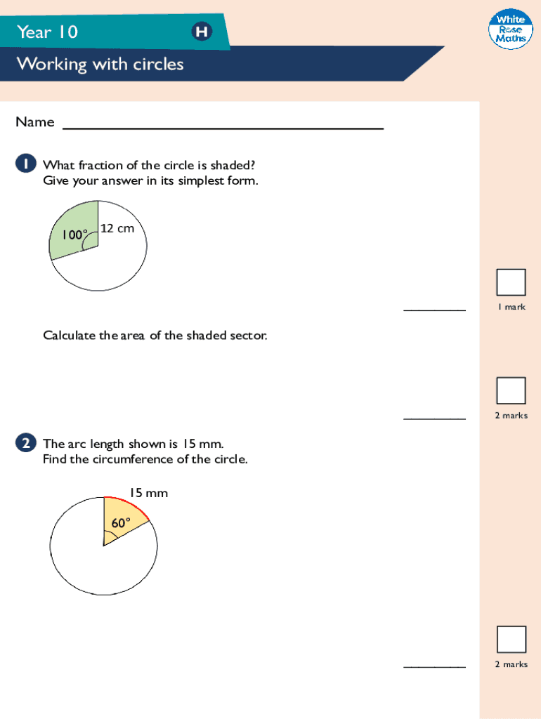 Fillable Online Year 10 Working with Circles Higher - White Rose Maths ...