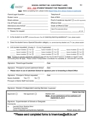 Fillable Online 2019 2020 STUDENT REQUEST FOR TRANSFER FORM Fax Email ...