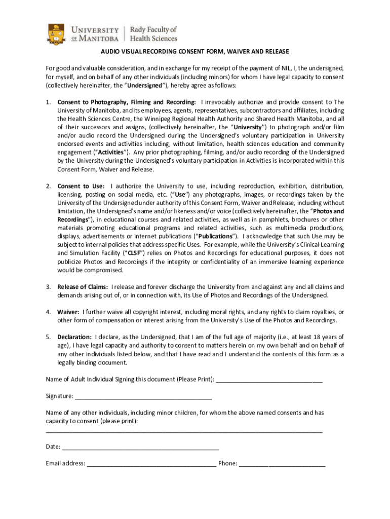 Fillable Online AUDIO VISUAL RECORDING CONSENT FORM, WAIVER AND RELEASE ...