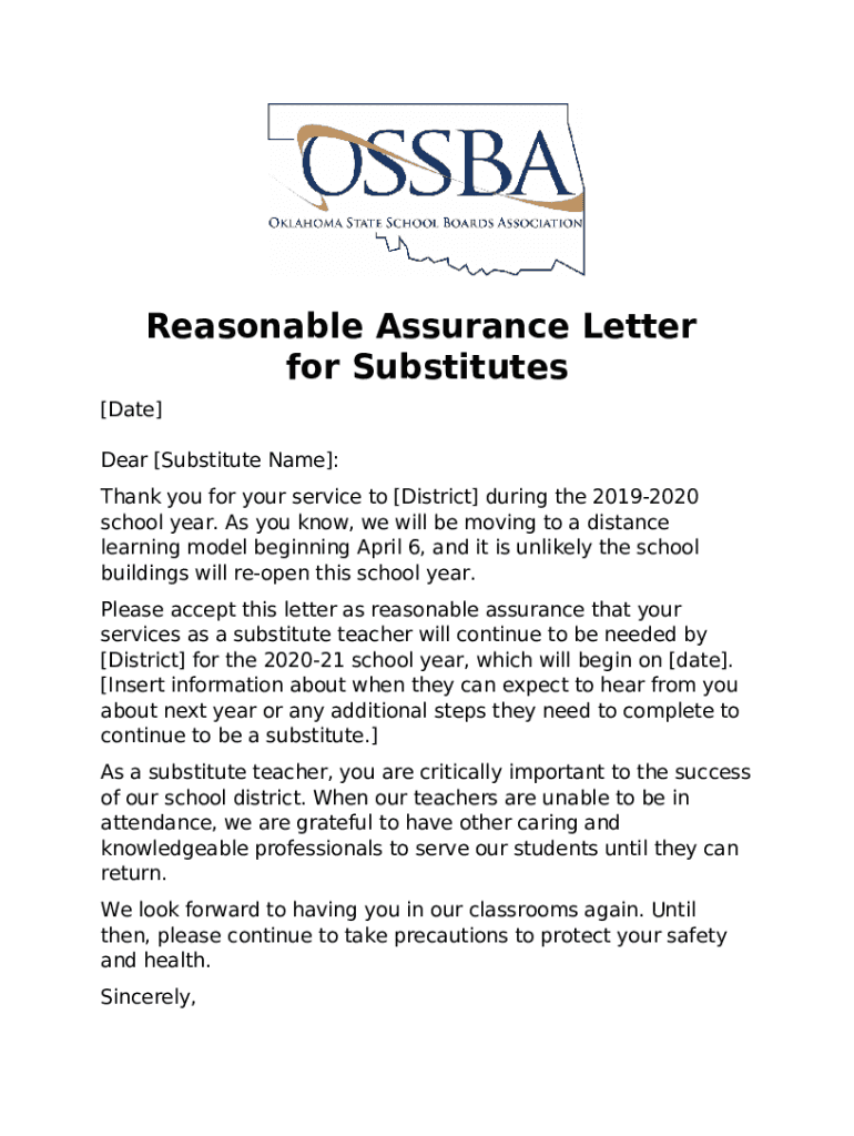 Substitute Professional Reasonable Assurance Letter Doc Template ...