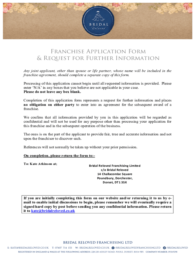 Fillable Online Franchise Application Form Personal Information Fax ...