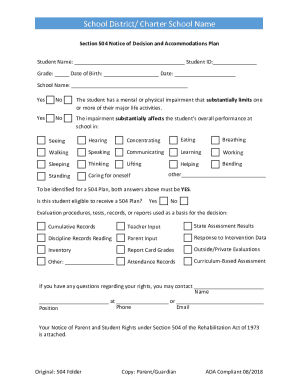 Fillable Online Section 504 Notice of Decision and Accommodations Plan ...