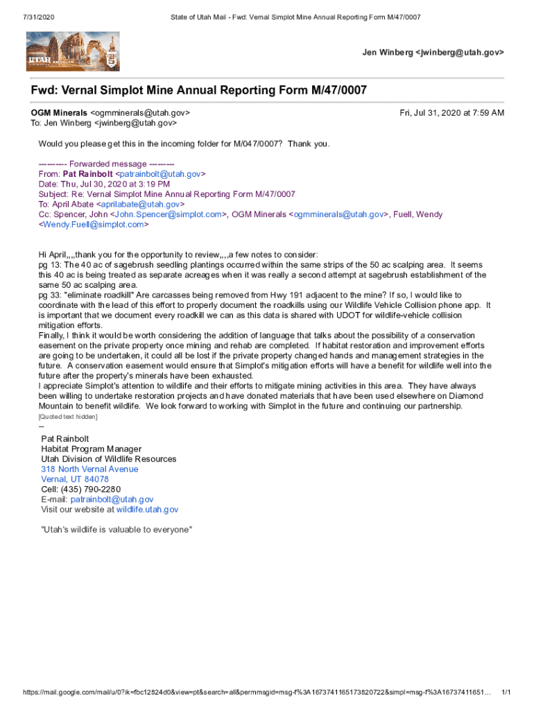 Fillable Online fs ogm utah Fwd: Vernal Simplot Mine Annual Reporting ...