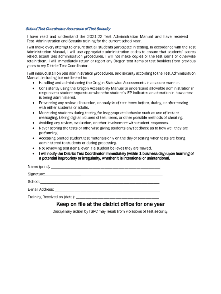 Fillable Online Test Administrator Assurance of Test Security form Fax ...